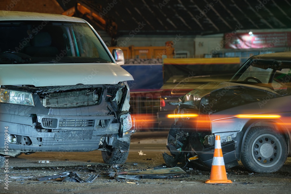 Cars crashed heavily in road accident after collision on city street at ...