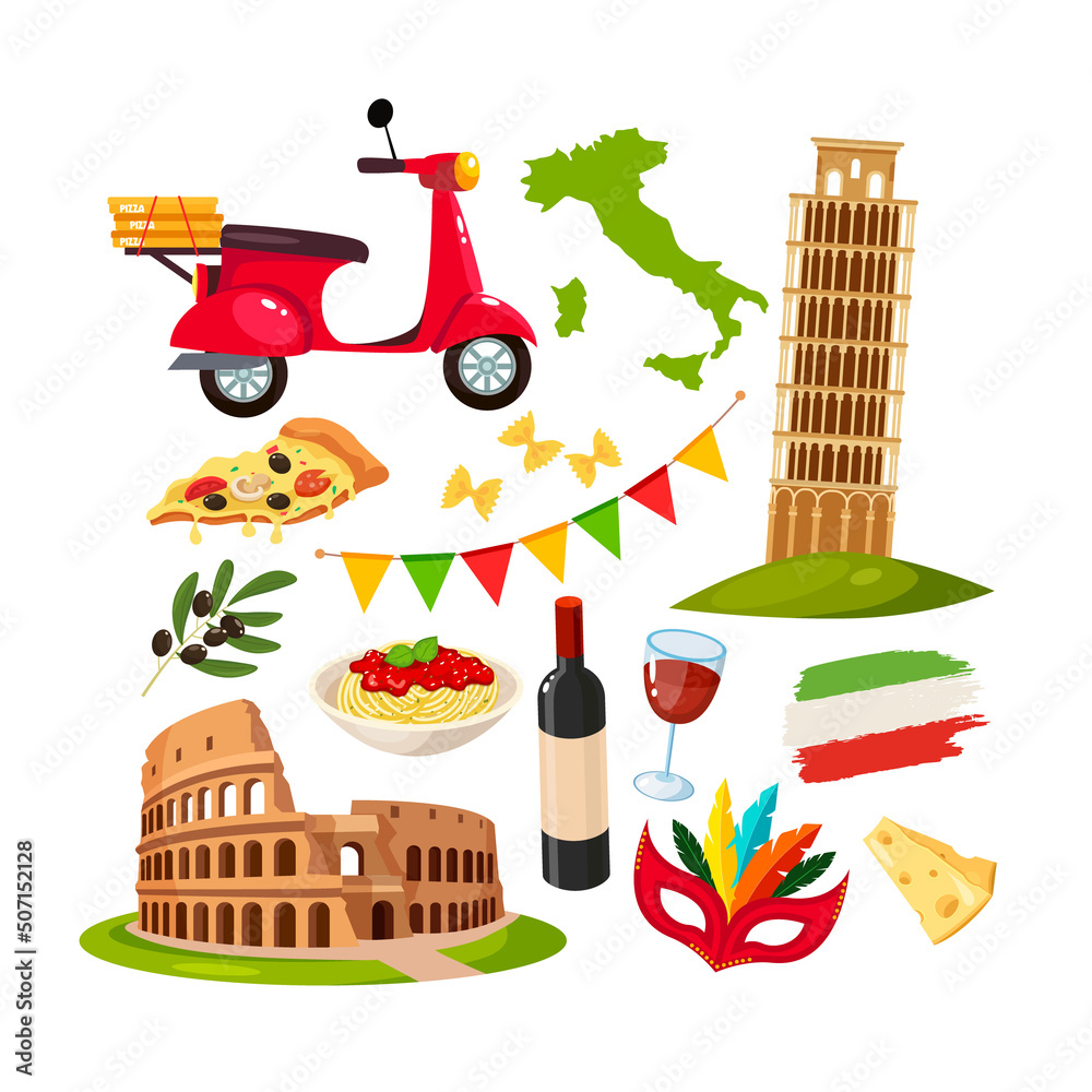 Italy icon set on white background. Bottle of wine, coliseum, tower of ...