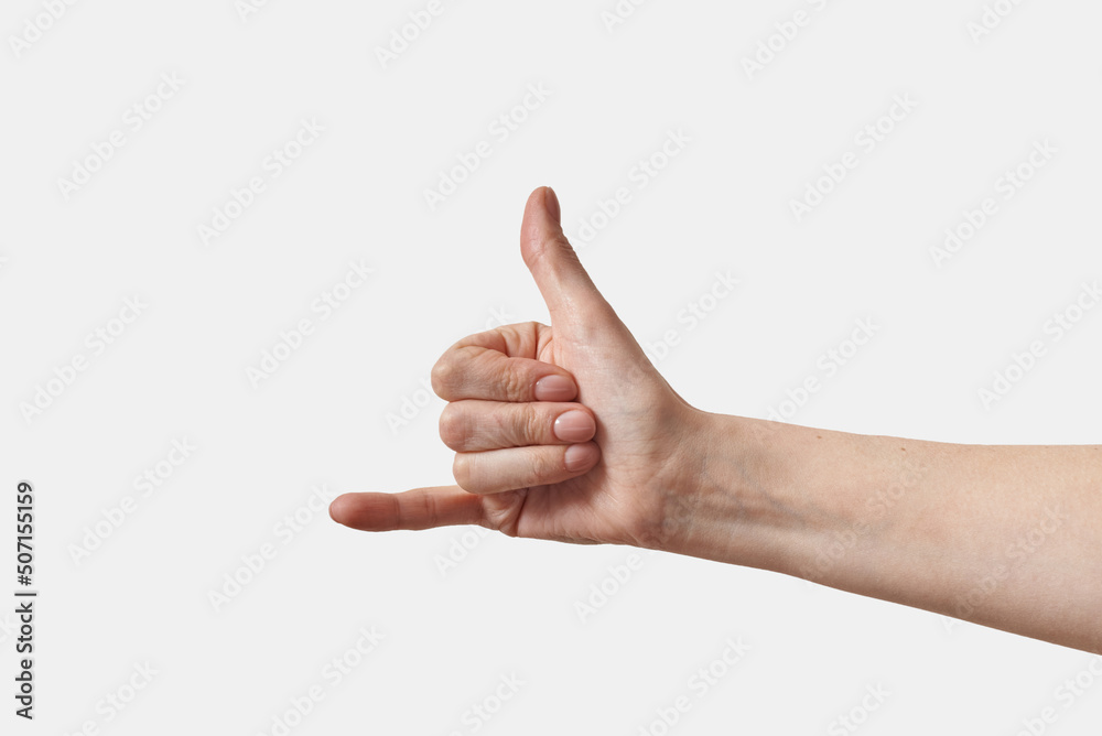 Female hand sign language Y sign on white. Stock Photo | Adobe Stock