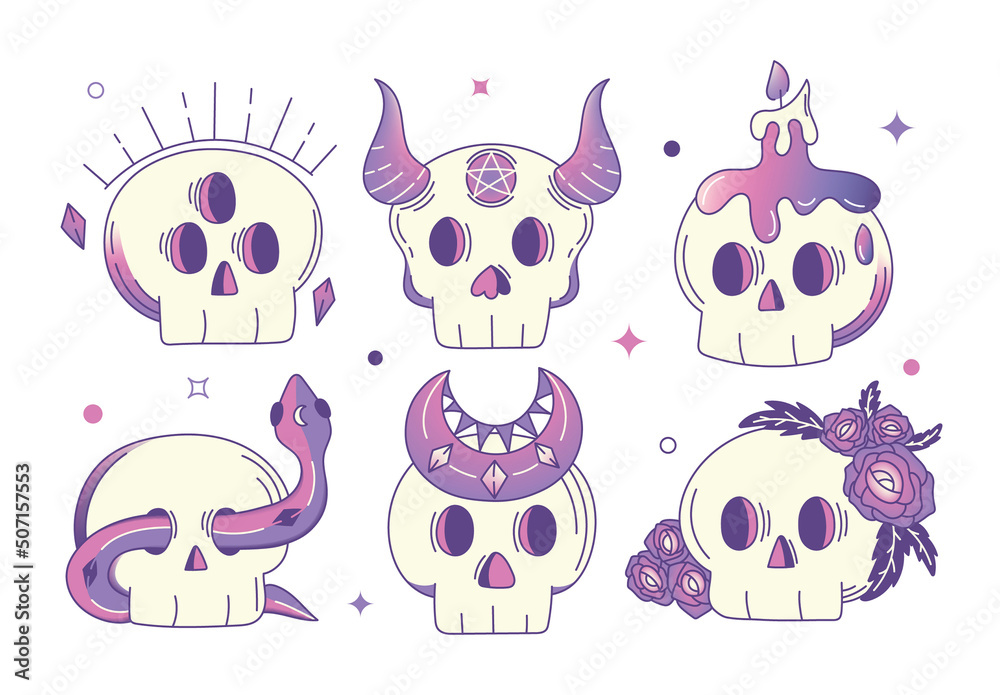 Cute Magic Skull Illustrations Clipart with Mystical Astrology Style ...