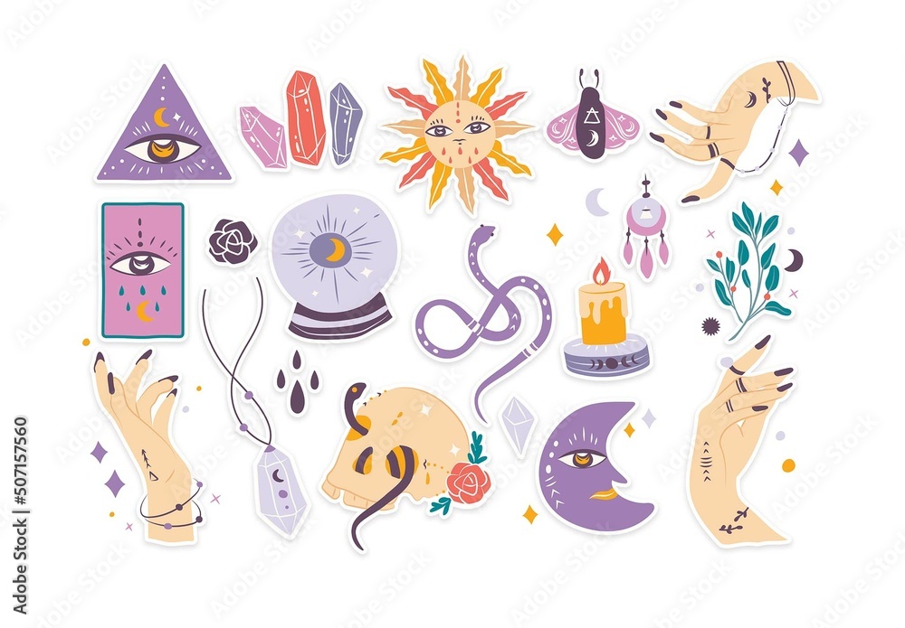 Spiritual Astrology Vector Illustrations Tarot Card Crystals Ball Palm ...