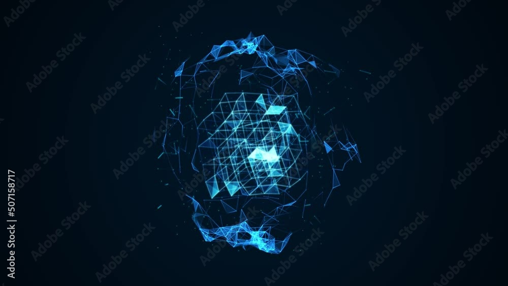 Animated neon cube symbol in sphere. Rotating digital matrix network ...