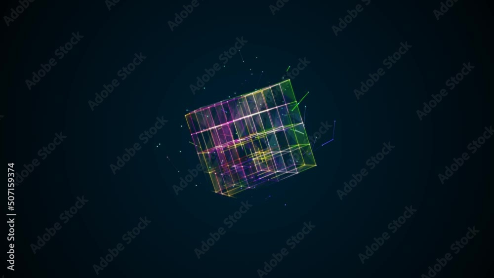 Architectural neon animated symbol of squares, rhombus, dots, particles ...