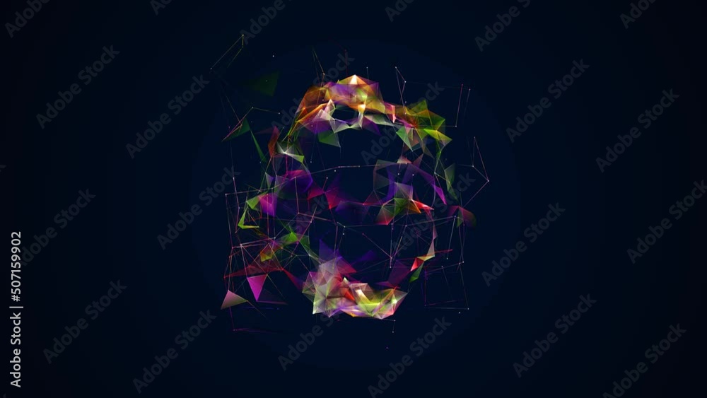 Rainbow animated sphere symbol. Chaotic rotation of lines, particles ...