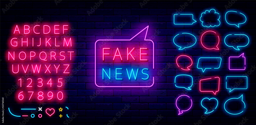 Fake news neon signboard. Shiny pink alphabet. Speech bubbles ...