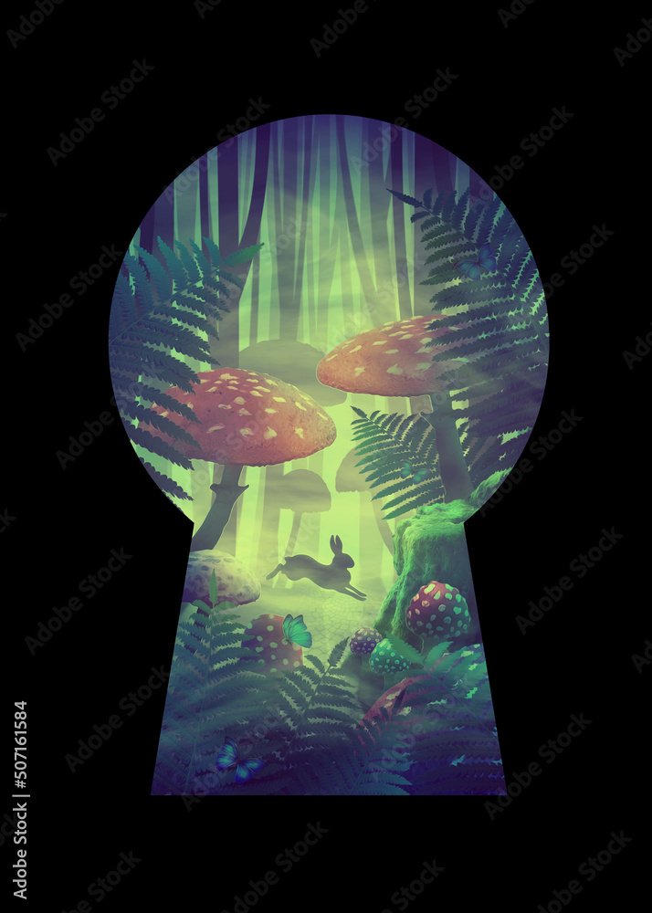 Silhouette of keyhole on black background and fantastic wonderland ...