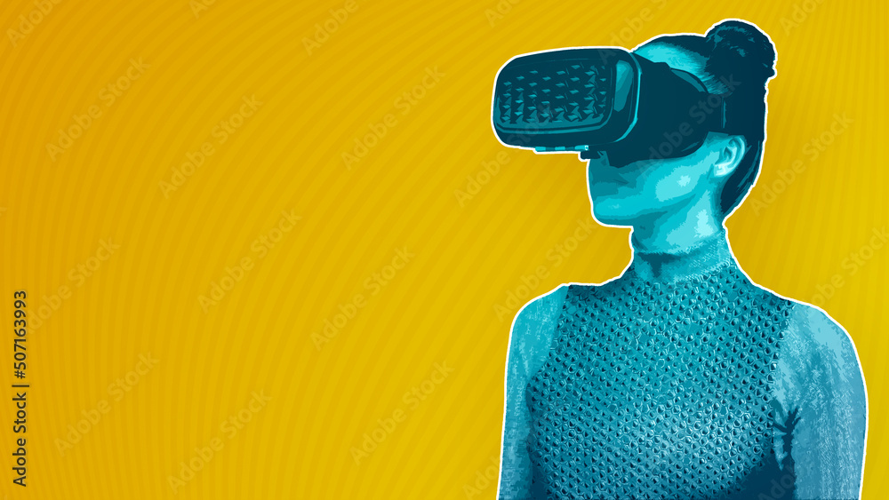 Woman using virtual reality simulator VR goggles. Web 3 or metaverse ...