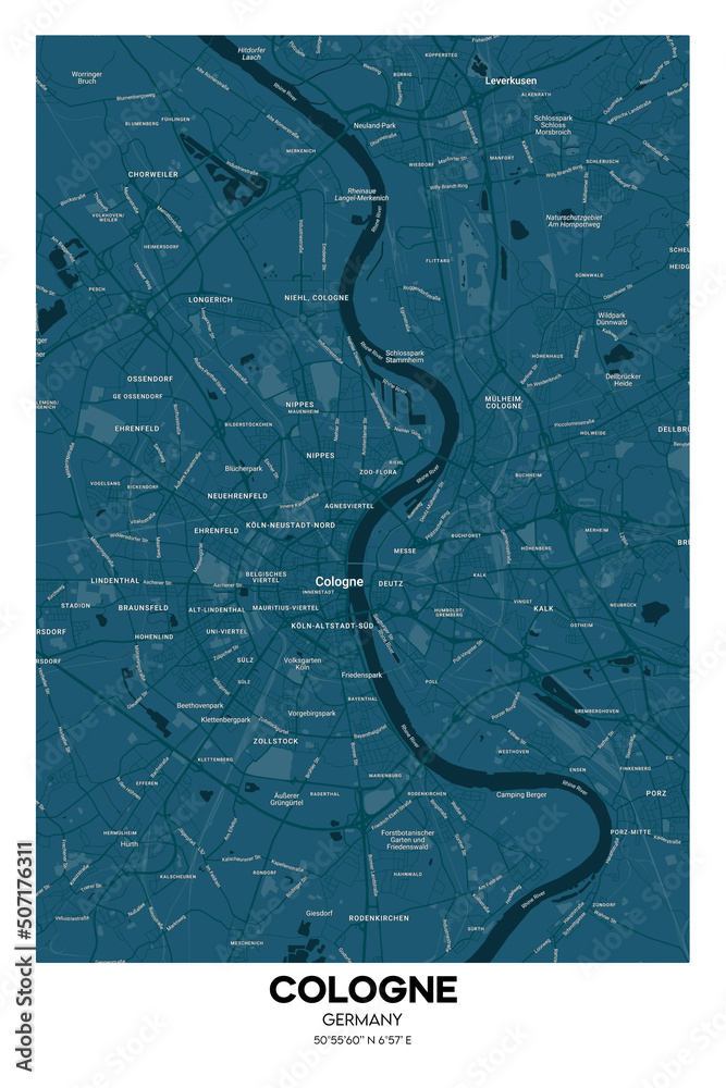 Poster Cologne - Germany map. Illustration of Cologne - Germany streets ...
