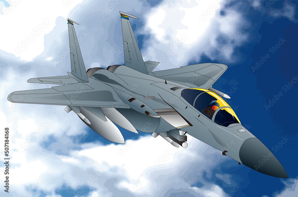 American jet fighter aircraft F-15 illustrator drawing, with blue and ...