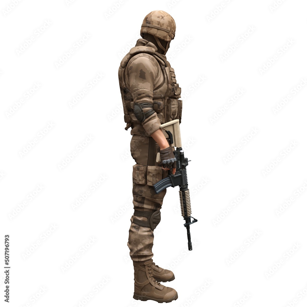 Soldier with a machine gun isolated white background 3d illustration ...