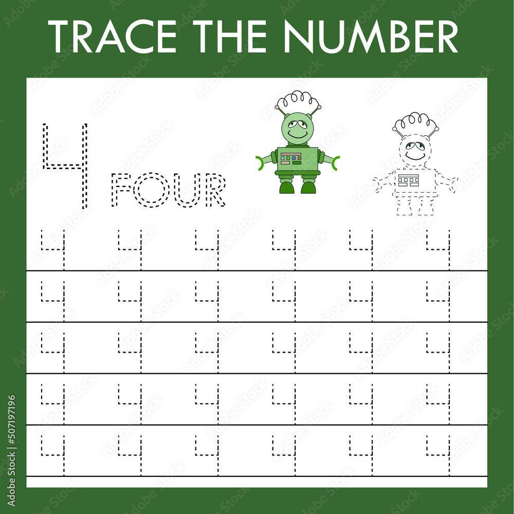 Number four stroke worksheet with robot for fine motor skills kids ...