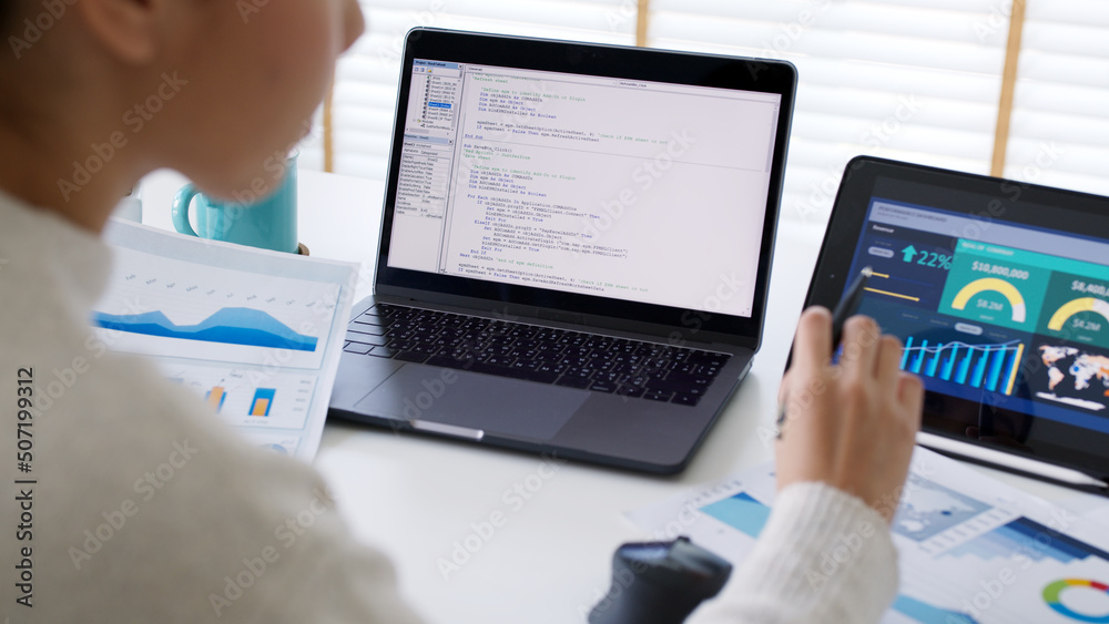 Back rear view of young asian woman, freelance data scientist work ...