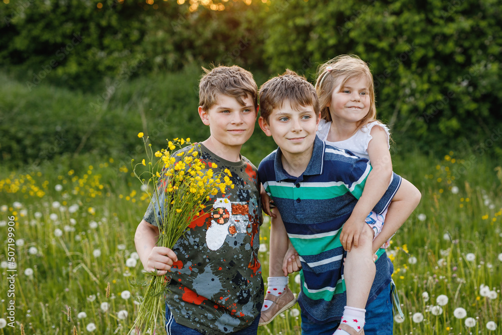 Portrait of three siblings children. Two kids brothers boys and little ...