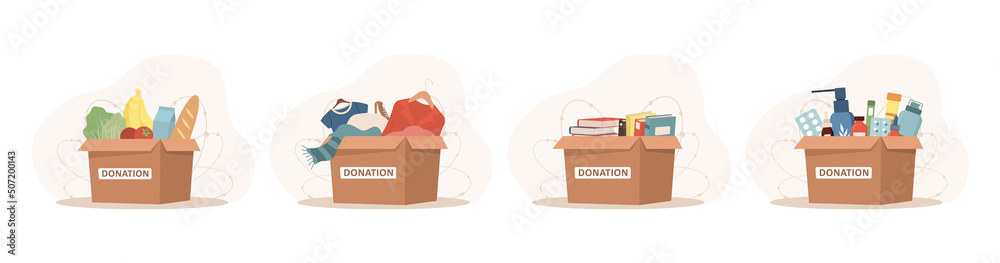 Donation boxes with clothes, toys, books and medicines. Help for ...