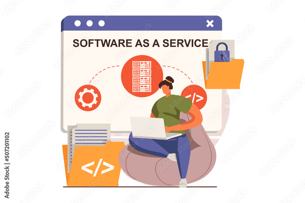 SaaS web concept in flat design. Woman uses software as a service by ...