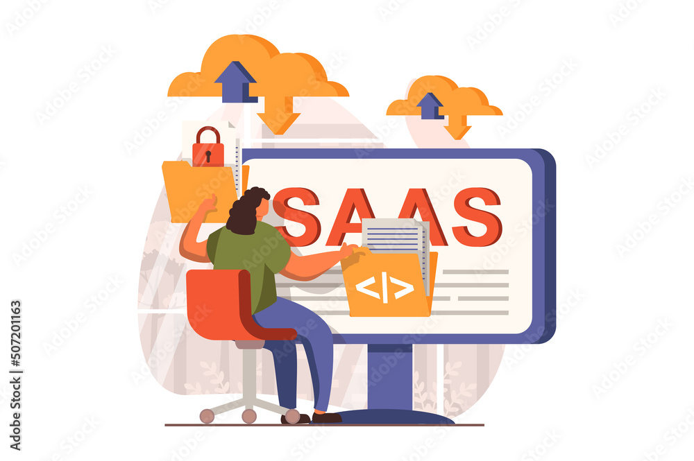 SaaS web concept in flat design. Woman uses cloud storage, safety ...