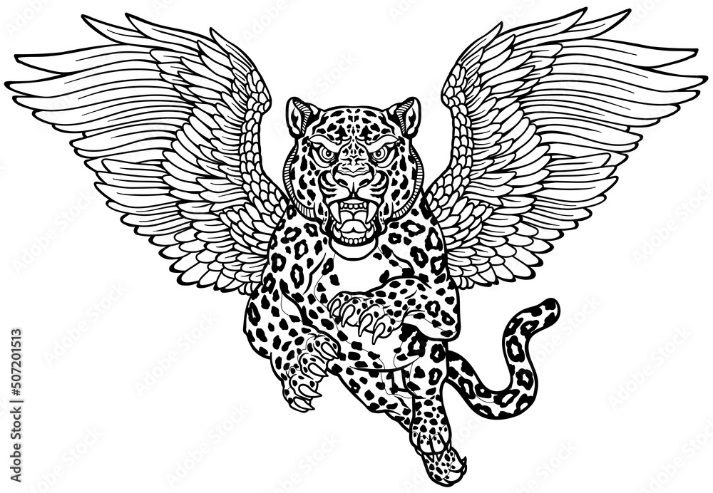 Aq Bars. Legendary winged snow leopard in the flight. Mythological big ...