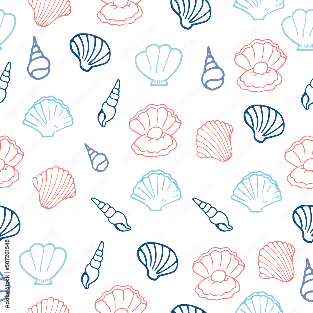 seamless pattern with cute seashell illustration isolated on white ...