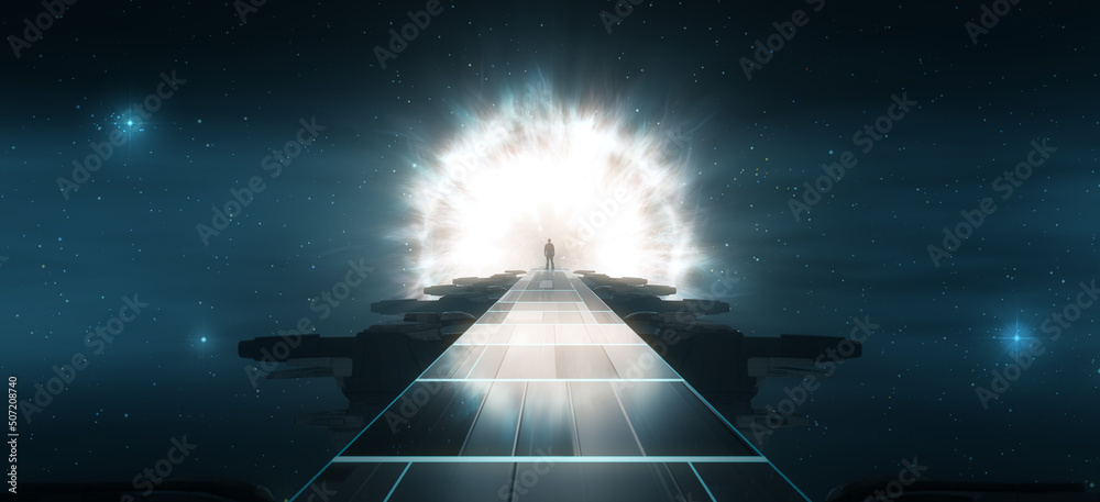 Dark abstract Sci Fi path with Outer Space in background. Man Standing ...