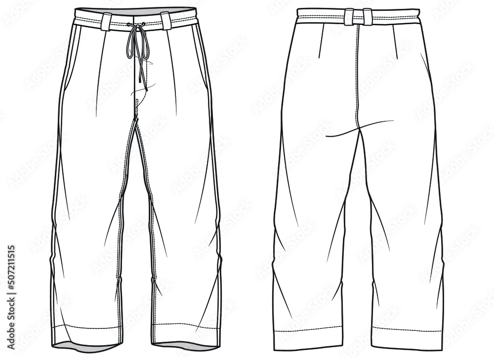 drawstring waist pyjama pant front and back view flat sketch vector ...