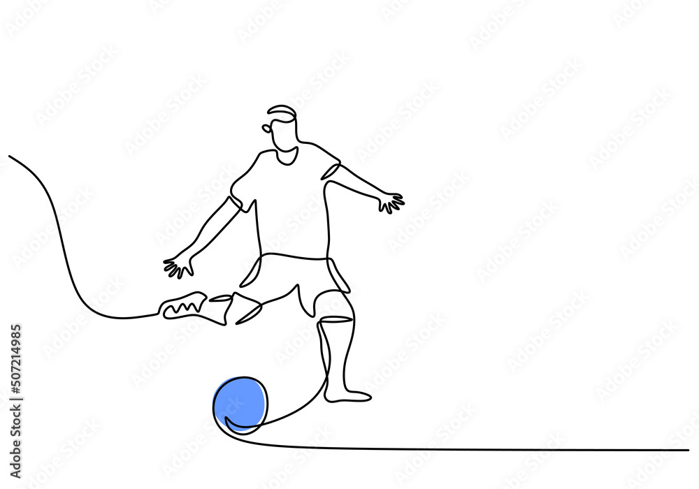One continuous single line of man kick a ball isolated on white ...