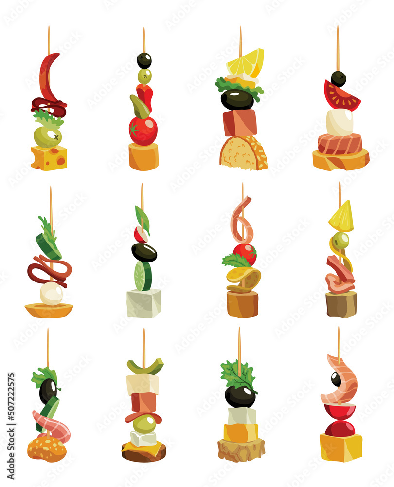 Canape of appetizer with different toppings. Various snacks for party ...