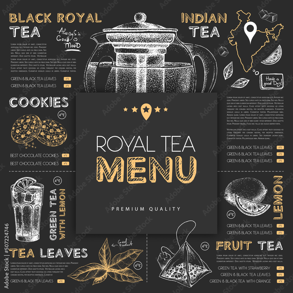 Chalk drawing restaurant royal tea menu design with hand drawing tea elements. Vector ...