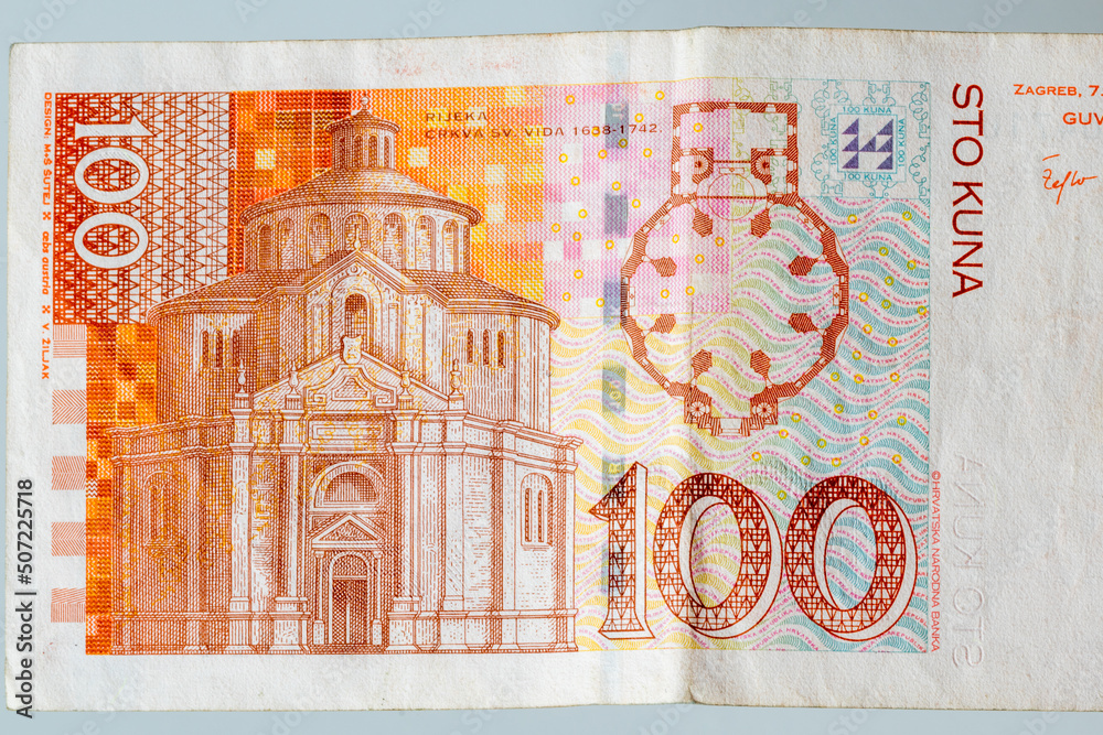 St. Vitus Cathedral in Rijeka and its layout on 100 HRK Croatian kuna ...