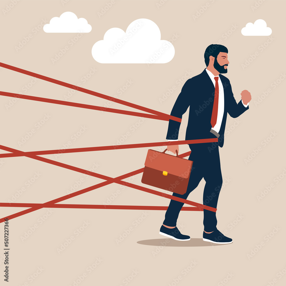 Businessman Tied Up With Red Tape Trying To Run Away With Full Effort