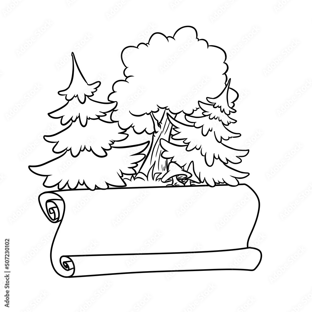 Scroll paper forest trees nature coloring page cartoon illustration ...