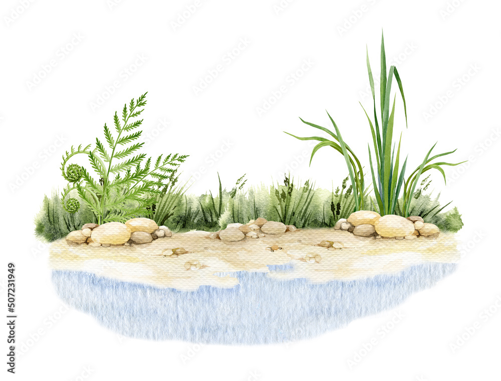 River bank watercolor illustration. Hand drawn riverside with sand ...