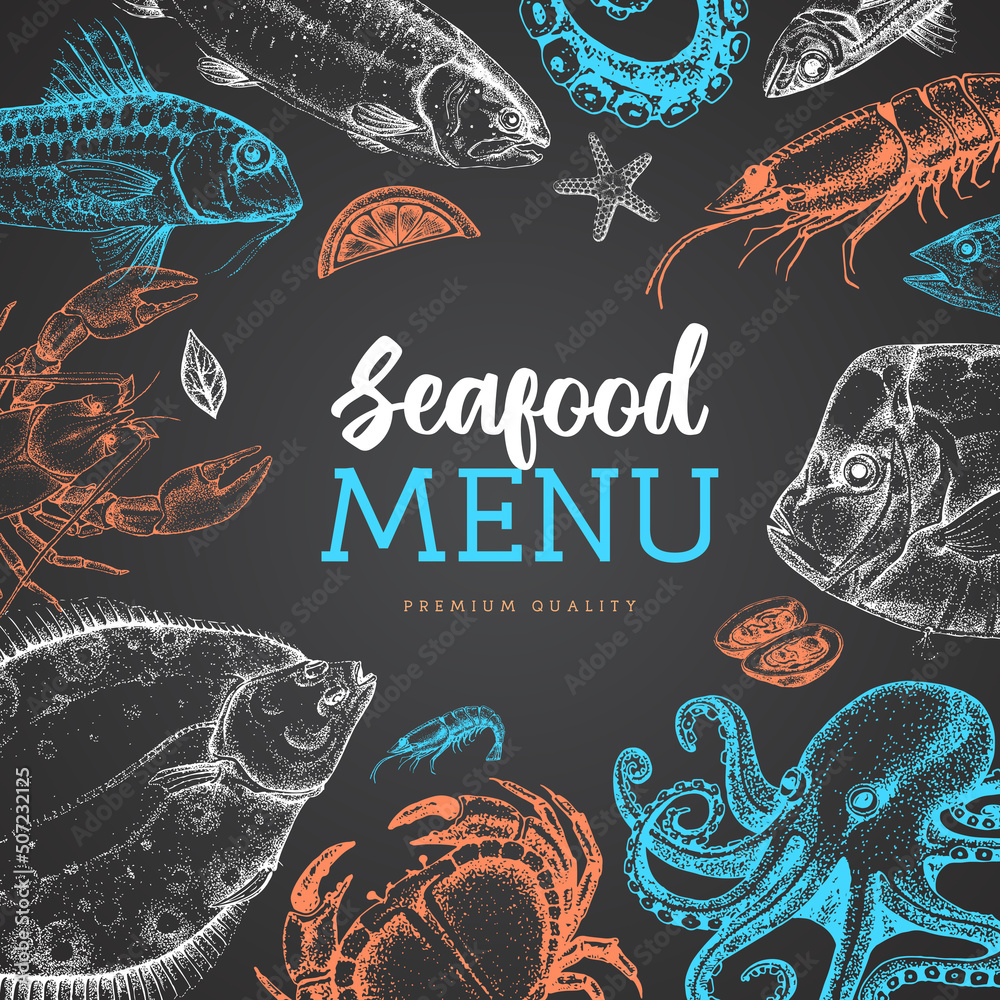 Chalk drawing Seafood menu cover design with different kinds of fish ...