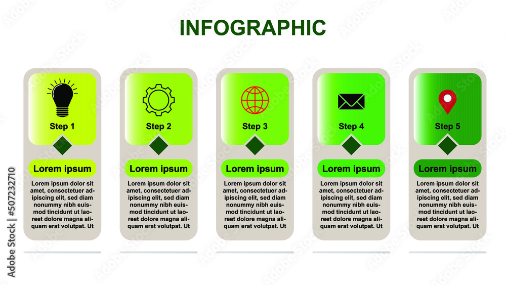 Vector infographic flat template. Rounded rectangle with icon for five ...