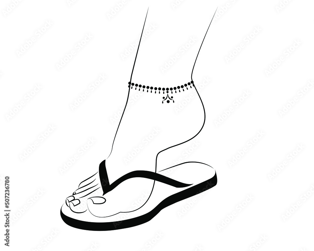 Beautiful Woman Feet wearing Sandals and Anklet line drawing isolated ...