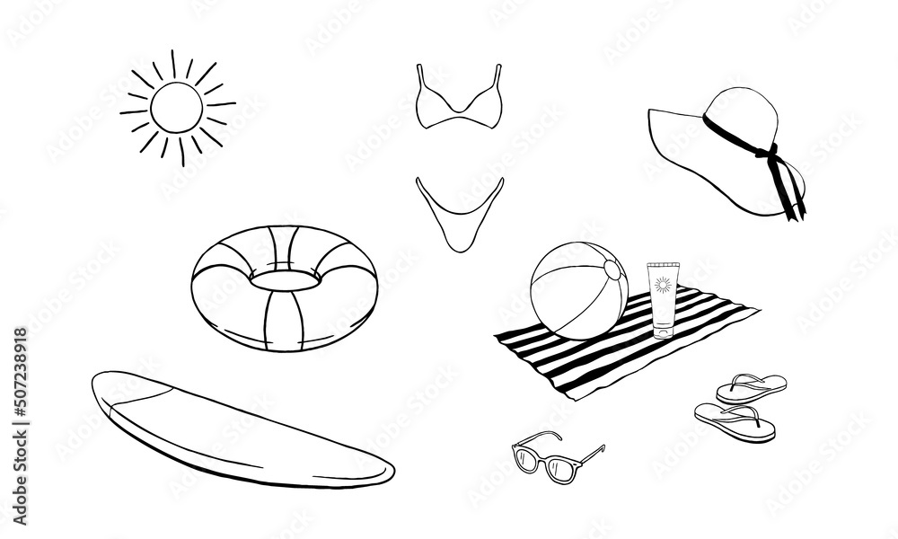 Hand drawn illustration set of beach essentials Stock Vector | Adobe Stock