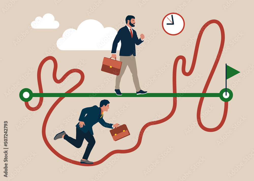 Businessmen competing with smart manager running on straight easy way ...