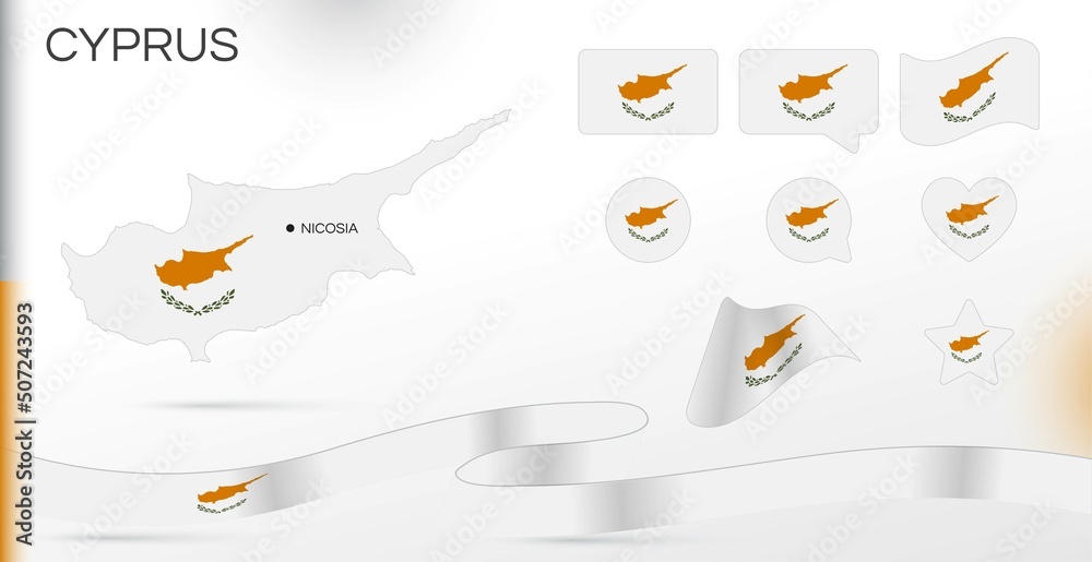 Cyprus flags set. Various designs. Map and capital city. World flags ...