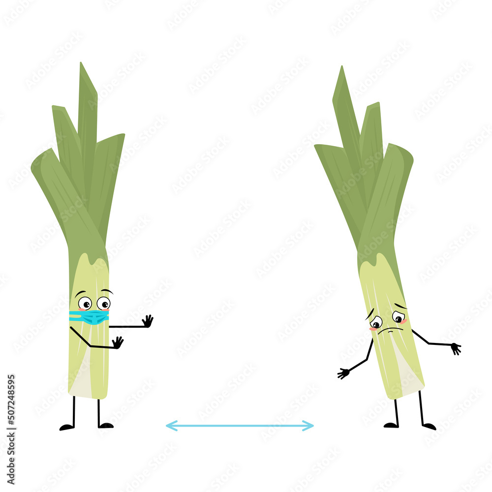 Cute green leek character with face in medical mask keep distance, arms ...