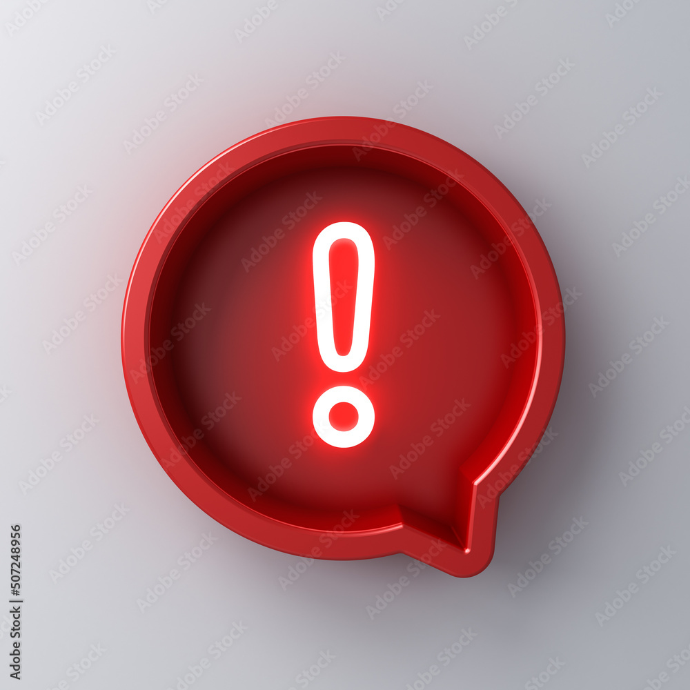Neon light exclamation mark icon in red round speech bubble box 3d ...