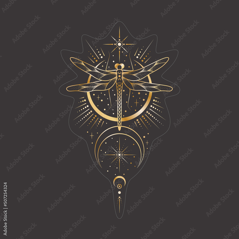 Vector mystic celestial sticker a with golden outline insect, stars and ...