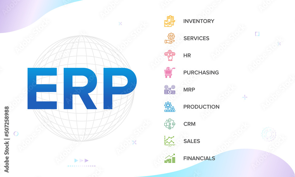 ERP - Enterprise resource planning vector structure, module, workflow ...