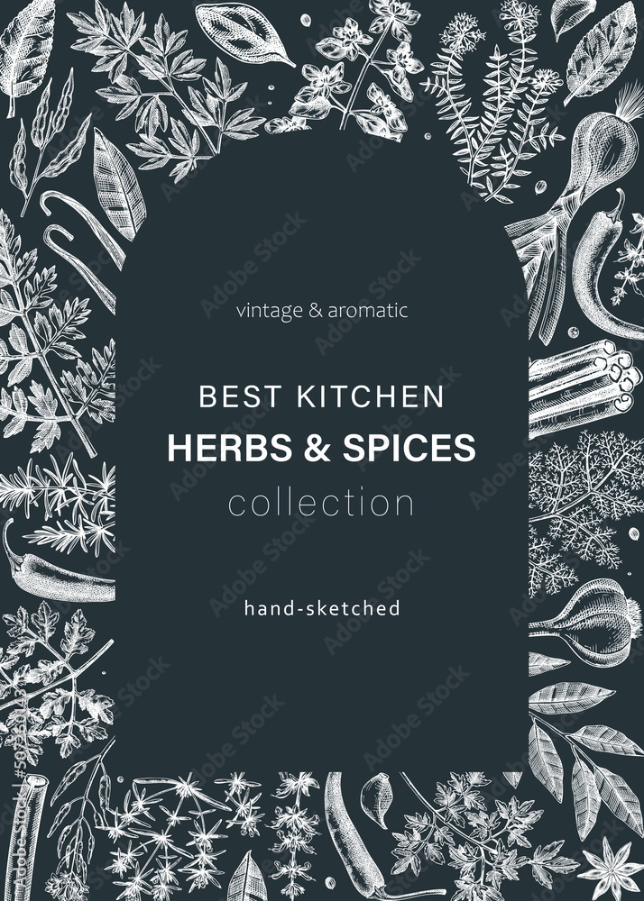 Hand-drawn herbs and spices vector card on chalkboard. Hand-sketched ...