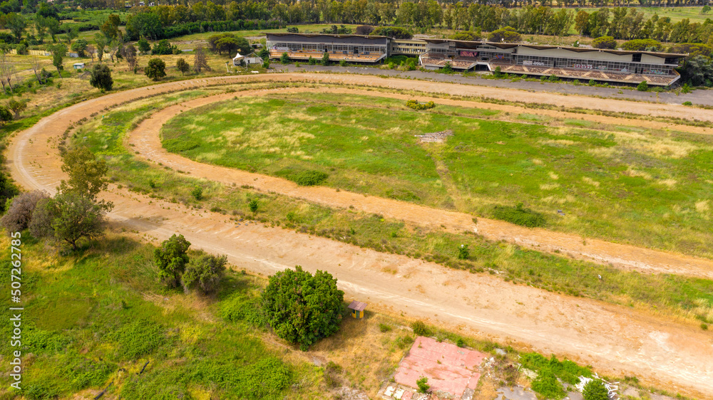 Aerial view of the hippodrome of Tor di Valle in Rome, Italy. This ...
