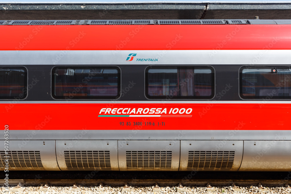 Rail car with logo of Frecciarossa FS ETR 1000 high-speed train of ...