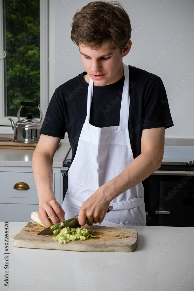 A Teenage Boy Cooking In A Kitchen Stock Photo | Adobe Stock