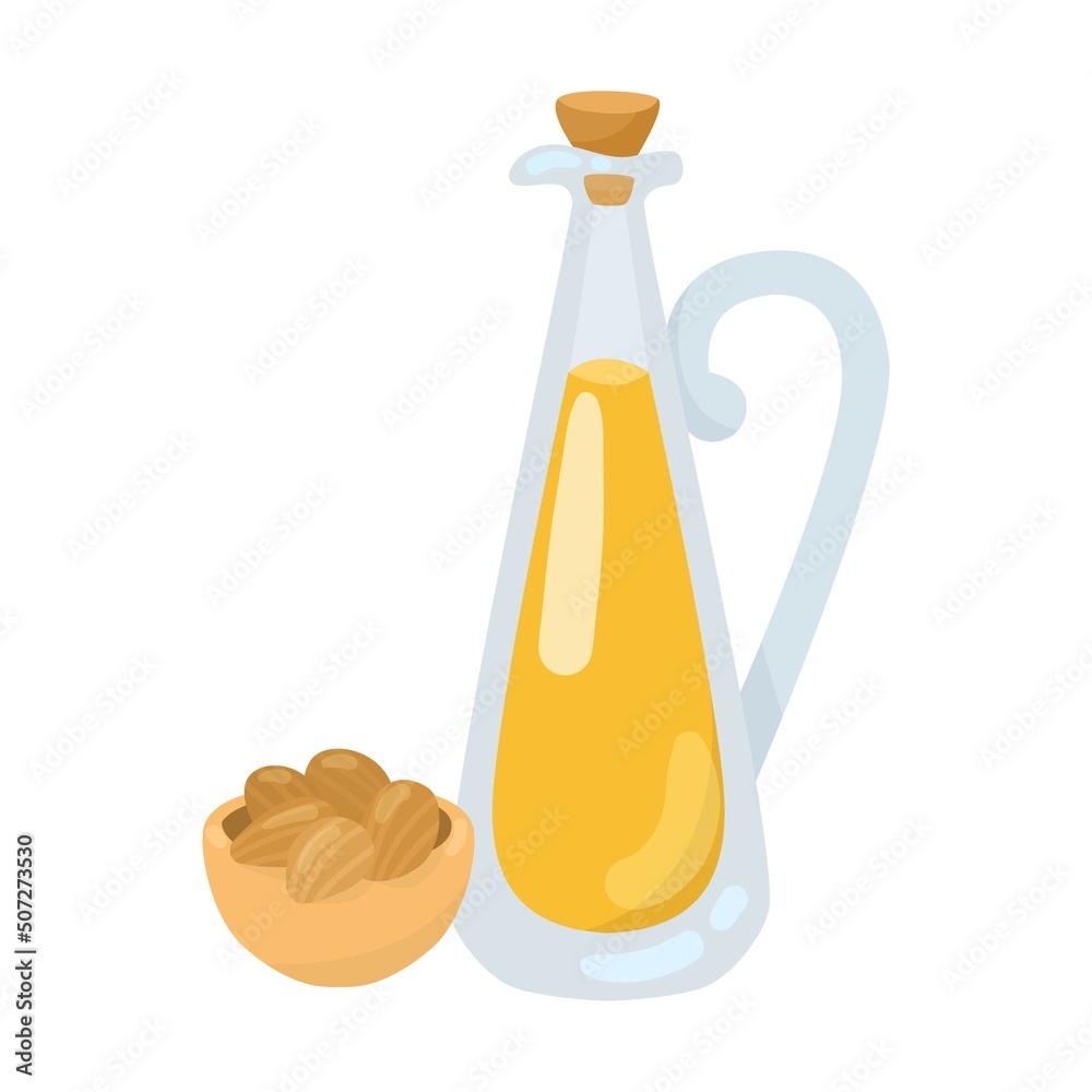 Glass jug with almond oil. Bottle of vegetable oils cartoon ...
