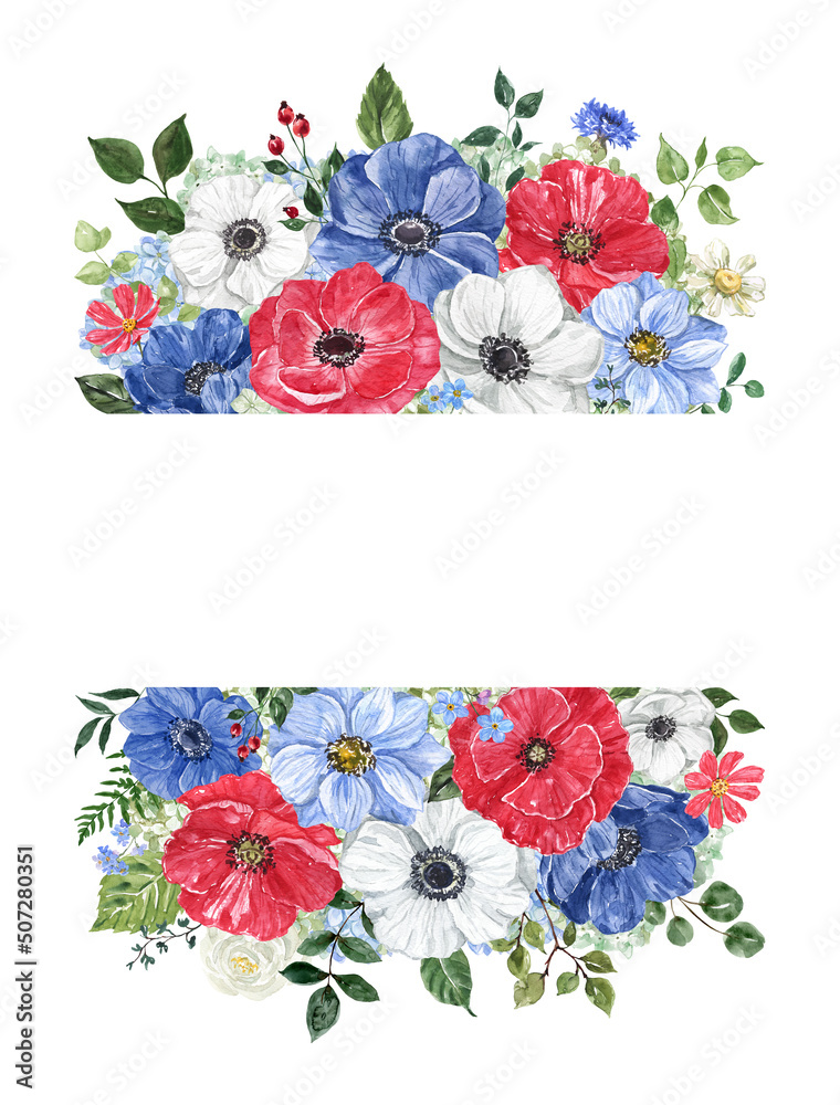 Watercolor floral frame, invitation template. Hand-painted red, white ...