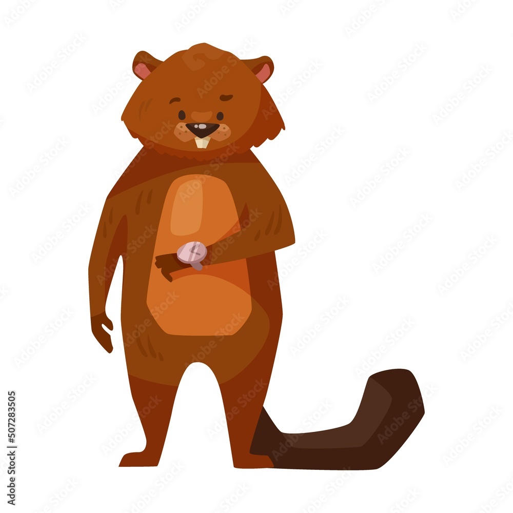 Funny beaver looks at clock cartoon illustration. Cute rodent with saw ...