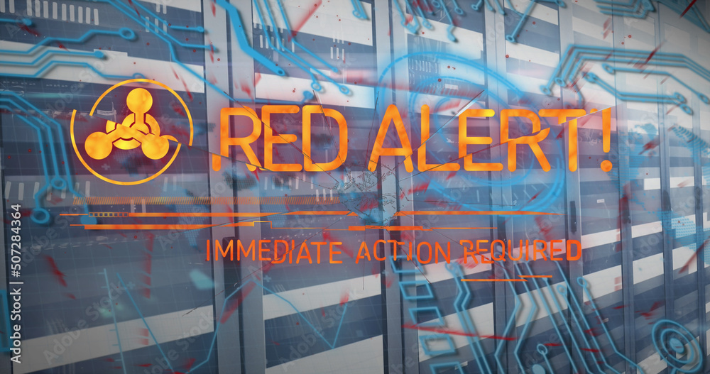 Image of red alert text and symbol over server room Stock Illustration ...