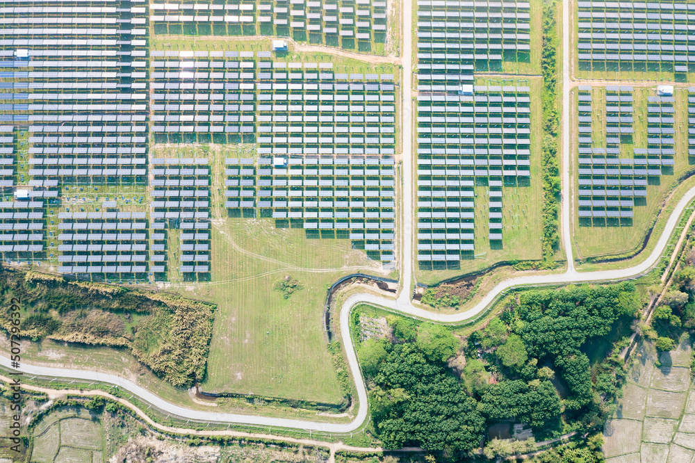 Solar farm, field or solar power plant in aerial view consist of ...